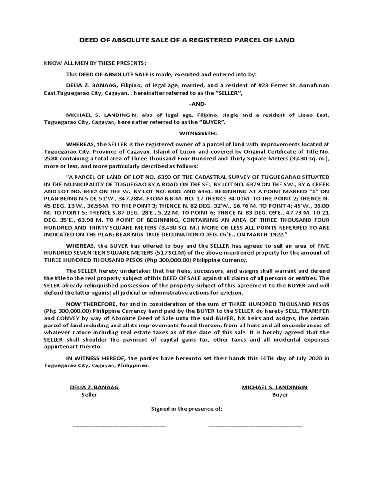 Deed of Absolute Sale of A Registered Parcel of Land | PDF | Sales ...