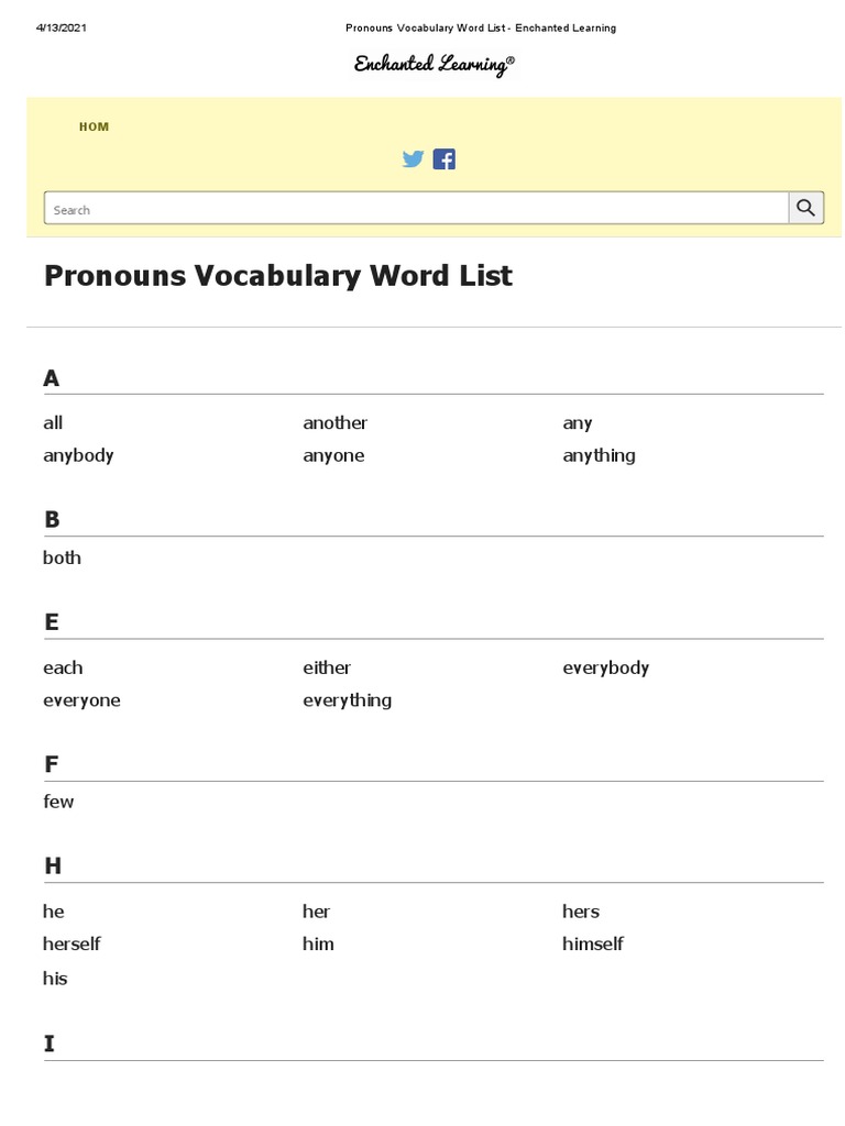 Pronouns Vocabulary Word List - Enchanted Learning | PDF | Cognitive ...