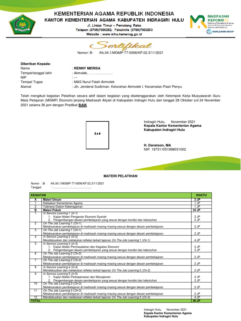 Contoh Sertifikat MGMP Ekonomi | PDF