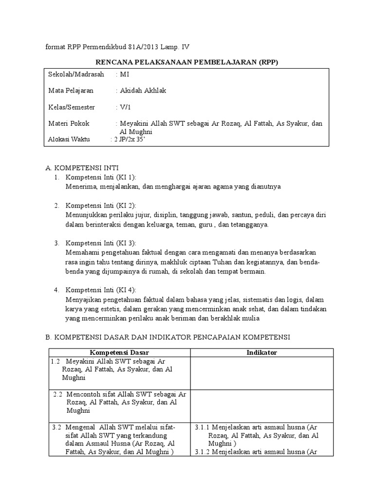 RPP K13 Akidah Akhlak Kelas 5 Semester 1 KD 1.2 | PDF