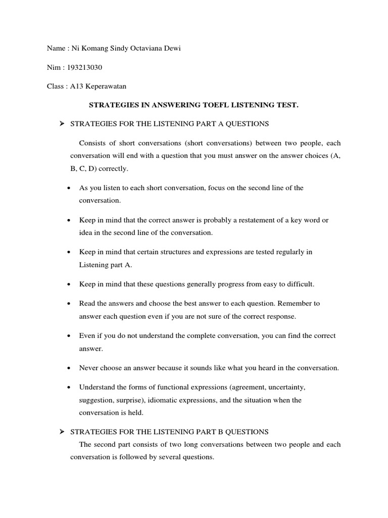 Strategies in Answering Toefl Listening Test | PDF | Conversation ...