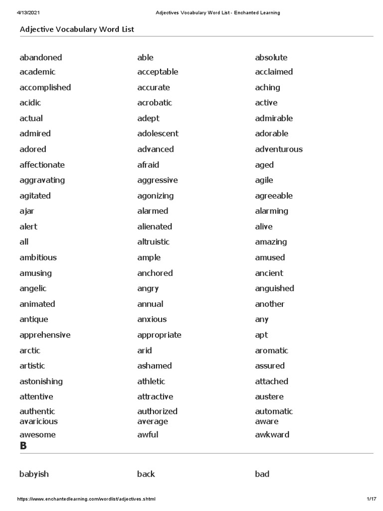 Adjectives Vocabulary Word List - Enchanted Learning | Download Free ...