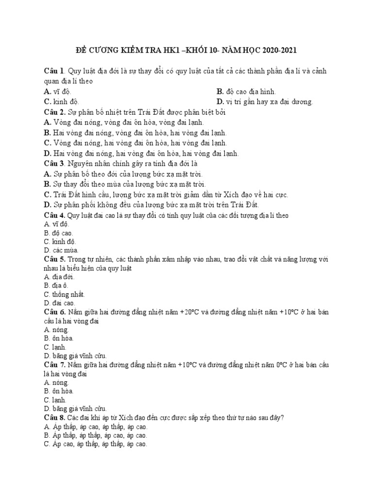 Đe Cuong hk1-k10-HS | PDF