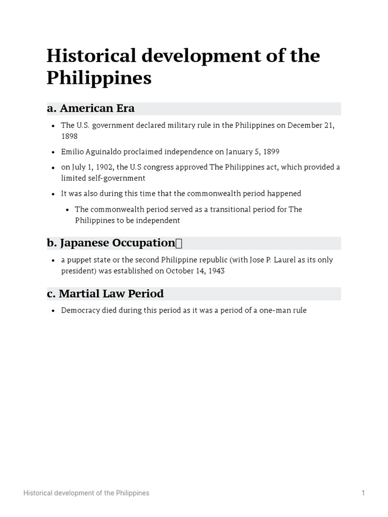 Historical Development of The Philippines: A. American Era | PDF