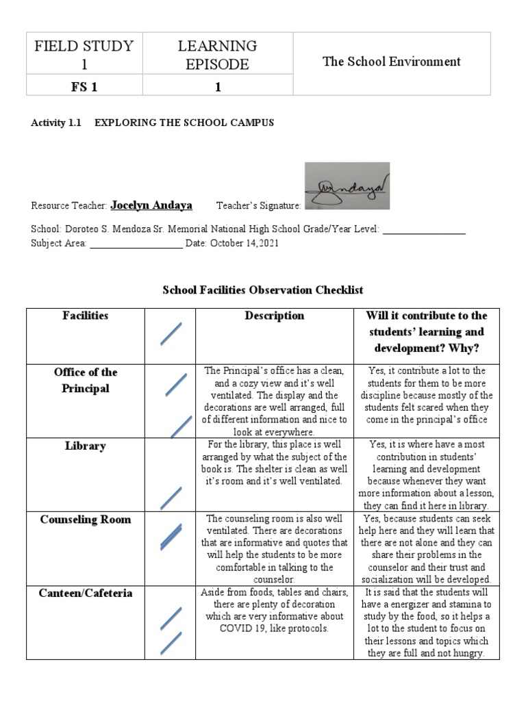 Field Study 1 Learning Episode: The School Environment | Download Free ...