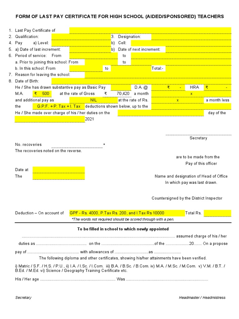 Form of Last Pay Certificate For High School (Aided/Sponsored) Teachers ...