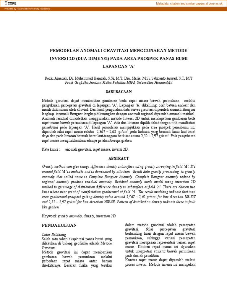 Pemodelan Anomali Gravitasi Menggunakan Metode Inversi 2D (Dua Dimensi ...