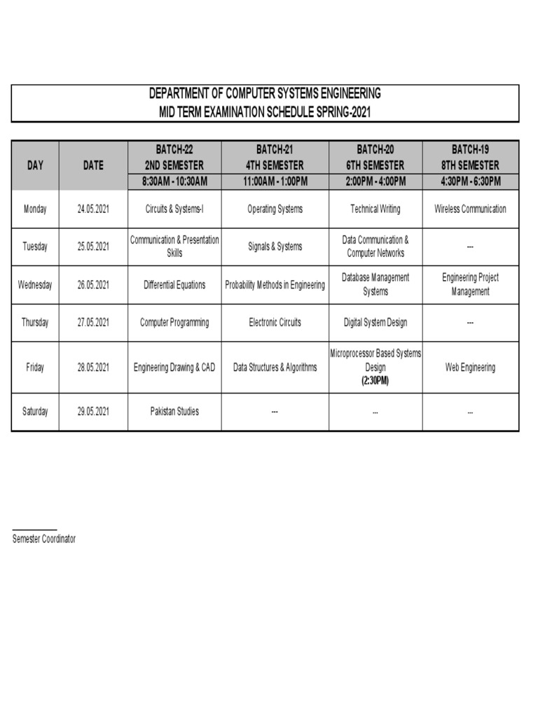Midterm Exam Schedule Spring 2021 | PDF