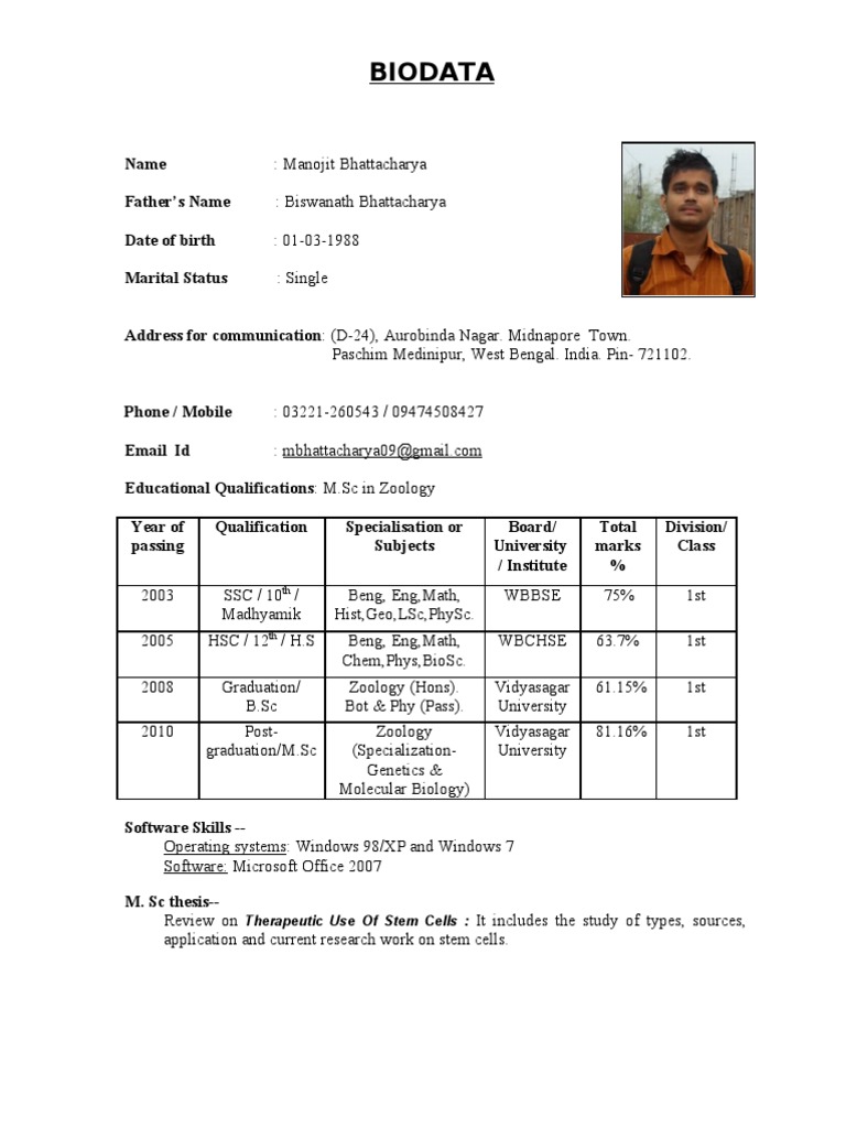 Biodata Format Final | PDF | Biology | Organisms