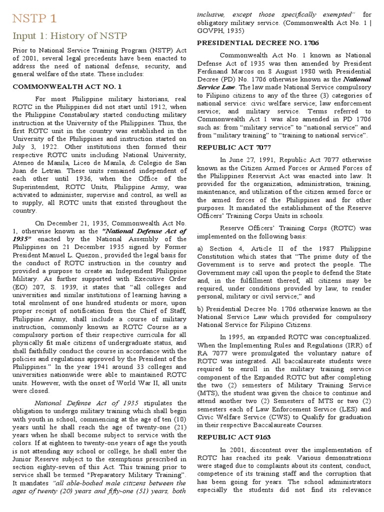 NSTP 1: Input 1: History of NSTP | PDF | Reserve Officers' Training ...
