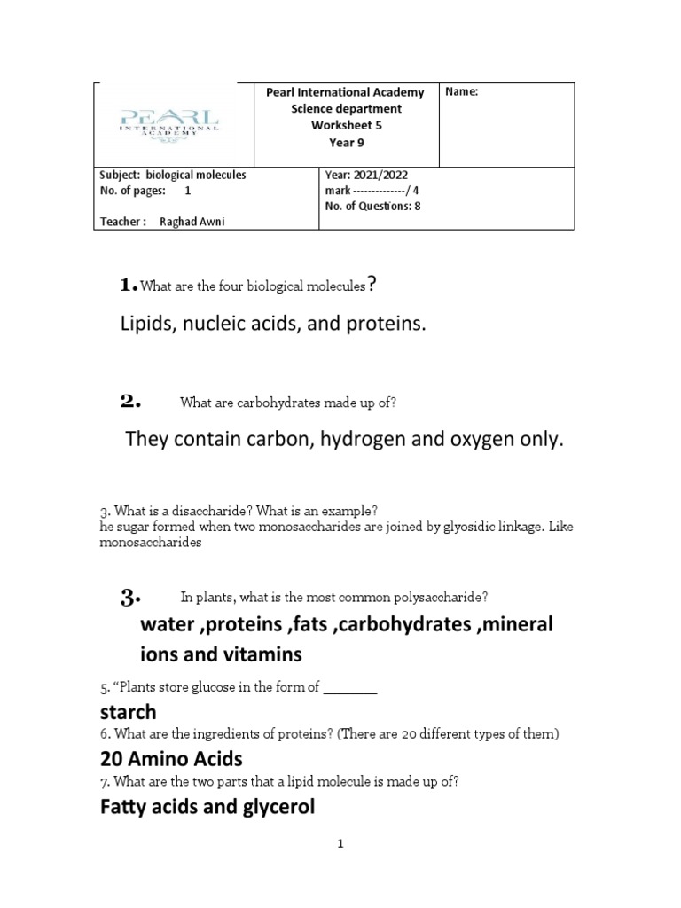 Biological Compounds Worksheet