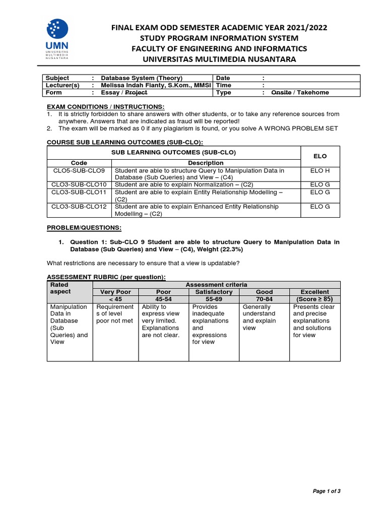 Database Systems Final Exam 2021/22 | PDF | Databases | Rubric (Academic)