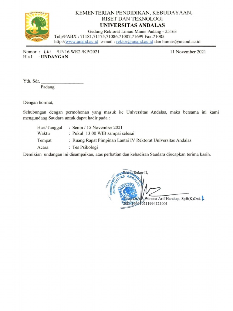 Undangan Tes Psikologi | PDF