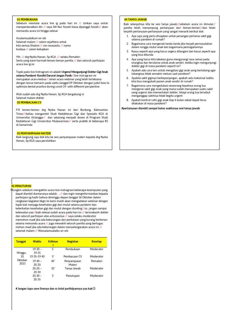 Cue Card Moderator Live Ig PSMKGI - 9 Oktober 2021 | PDF | Kesehatan Holistik