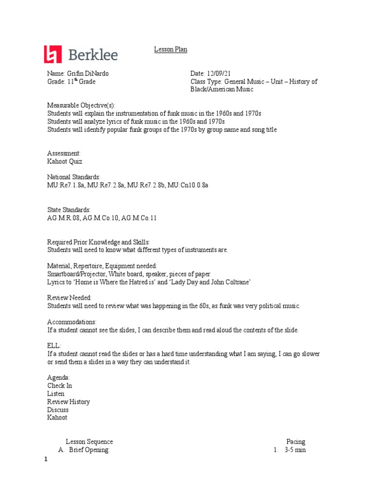 70s Funk Lesson Plan Revised | PDF | Funk | Music