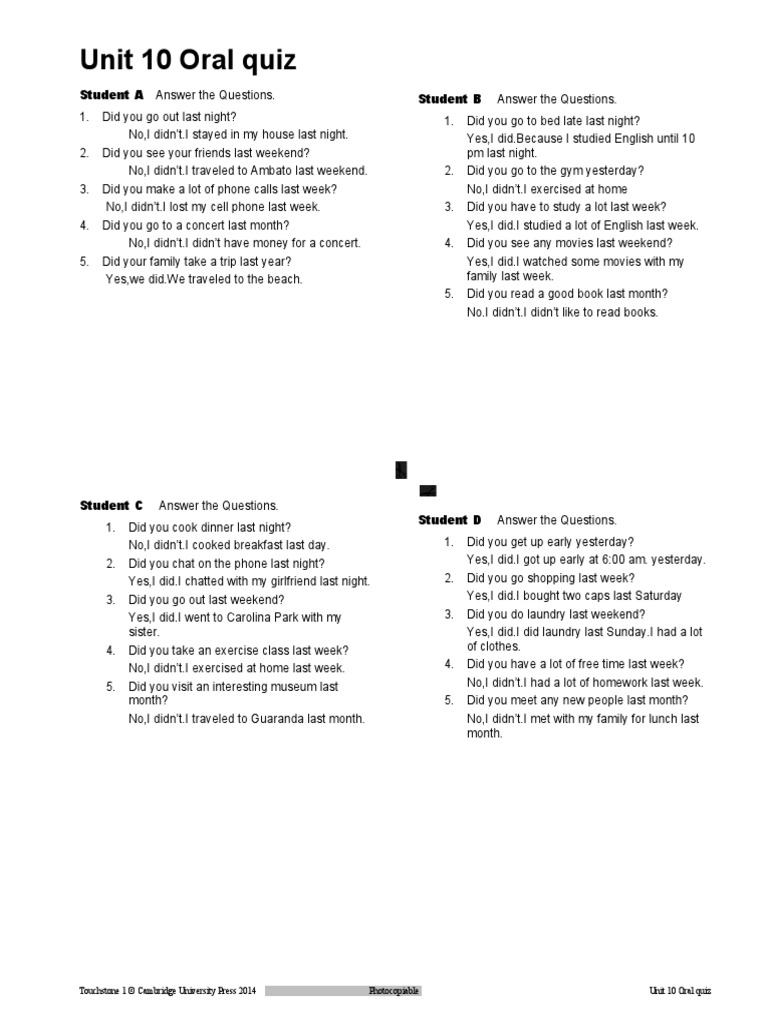 Touchstone 1 © Cambridge University Press 2014 Photocopiable Unit 10 ...
