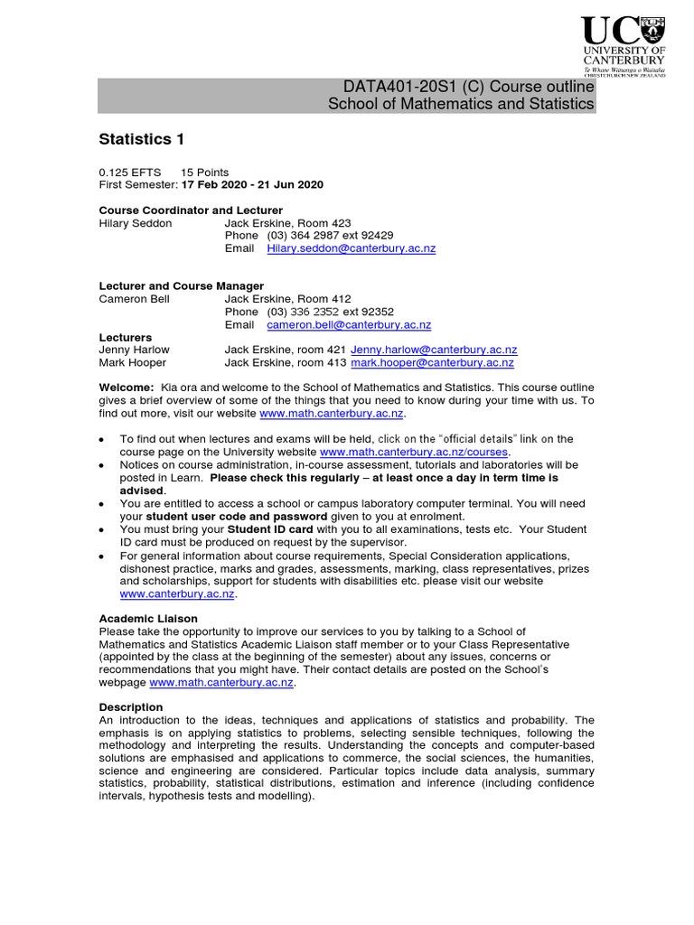 Statistics 1: DATA401-20S1 (C) Course Outline School of Mathematics and ...