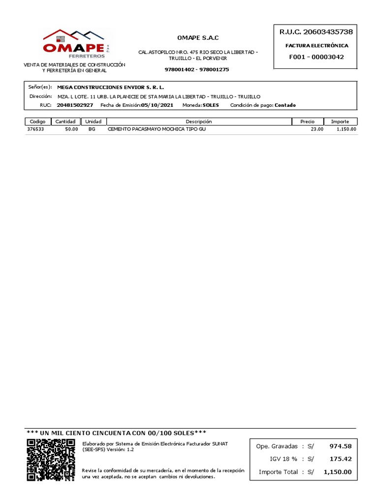 Omape S.A.C: Factura Electrónica | PDF