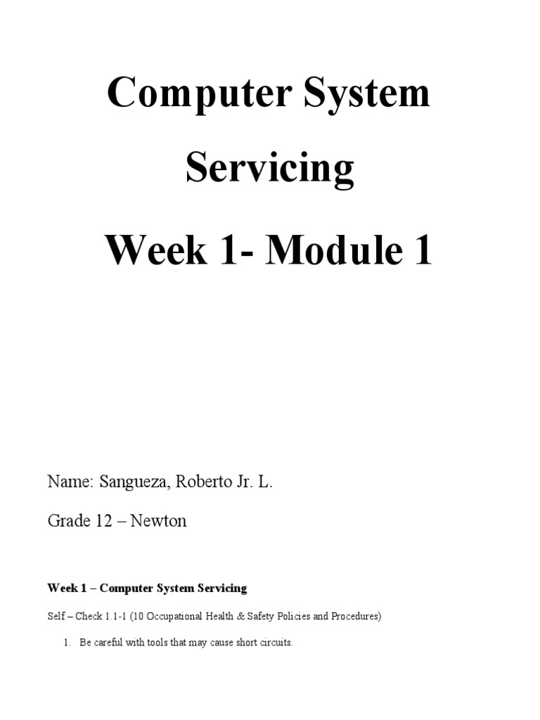 Computer System Servicing Week 1-Module 1: Name: Sangueza, Roberto Jr ...