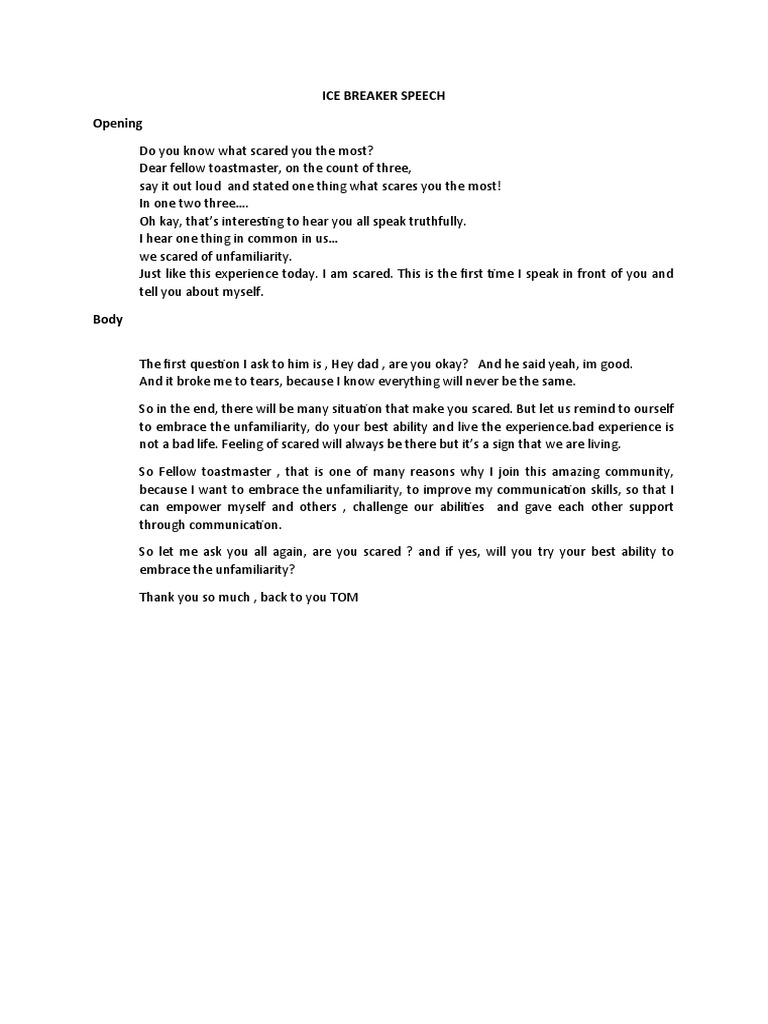 ICE BREAKER SPEECH LV 1 Upload | PDF | Self-Improvement