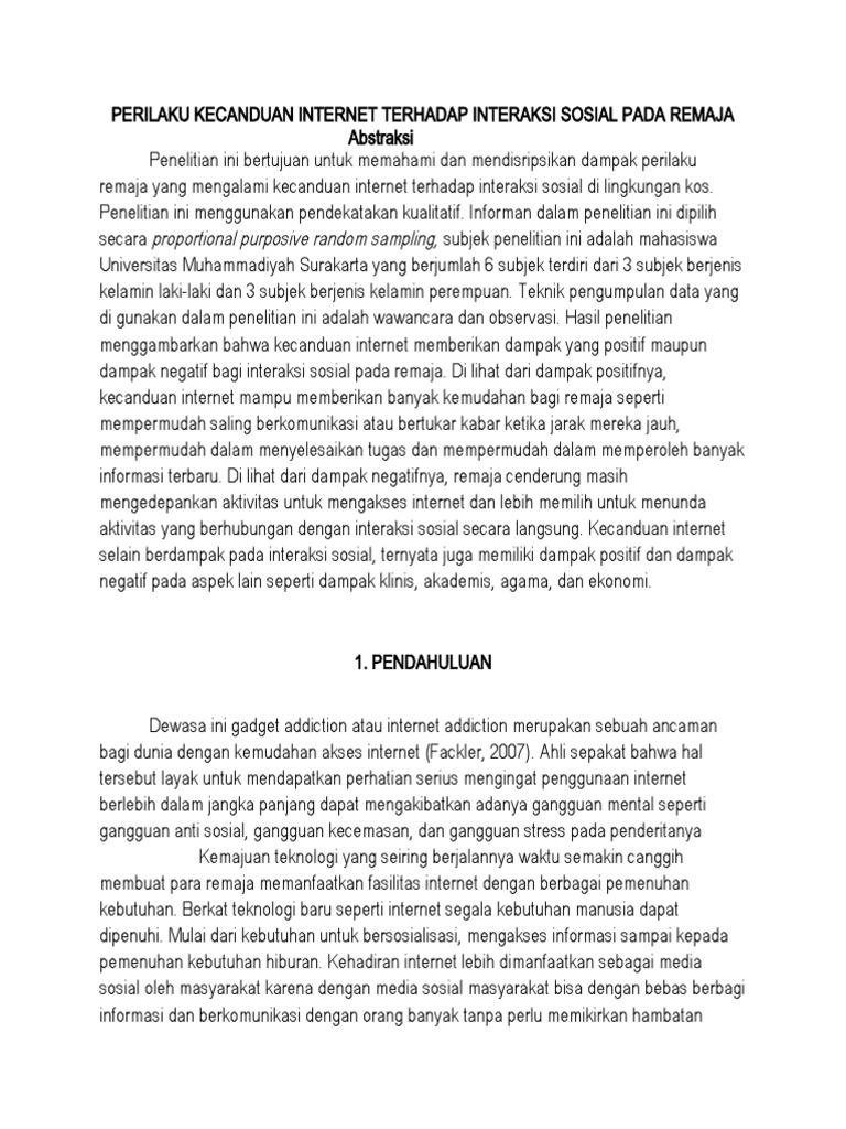 Perilaku Kecanduan Internet Terhadap Interaksi Sosial Pada Remaja | PDF