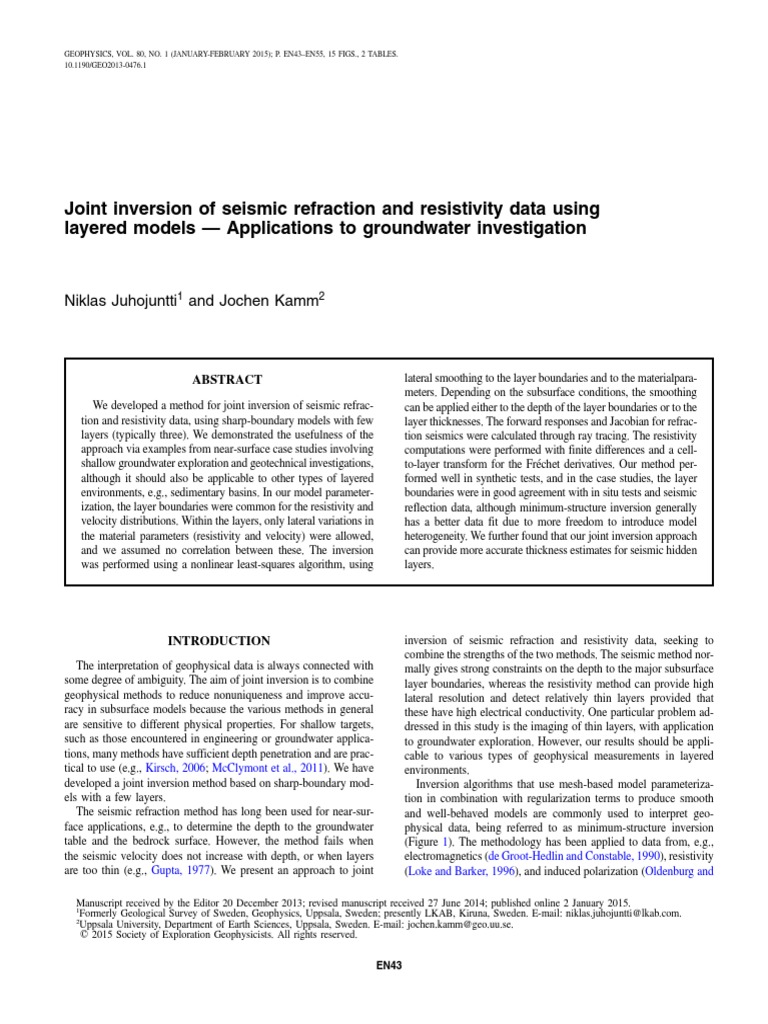 Joint Inversion of Seismic Refraction and Resistivity Data Using Layered Models - Applications ...