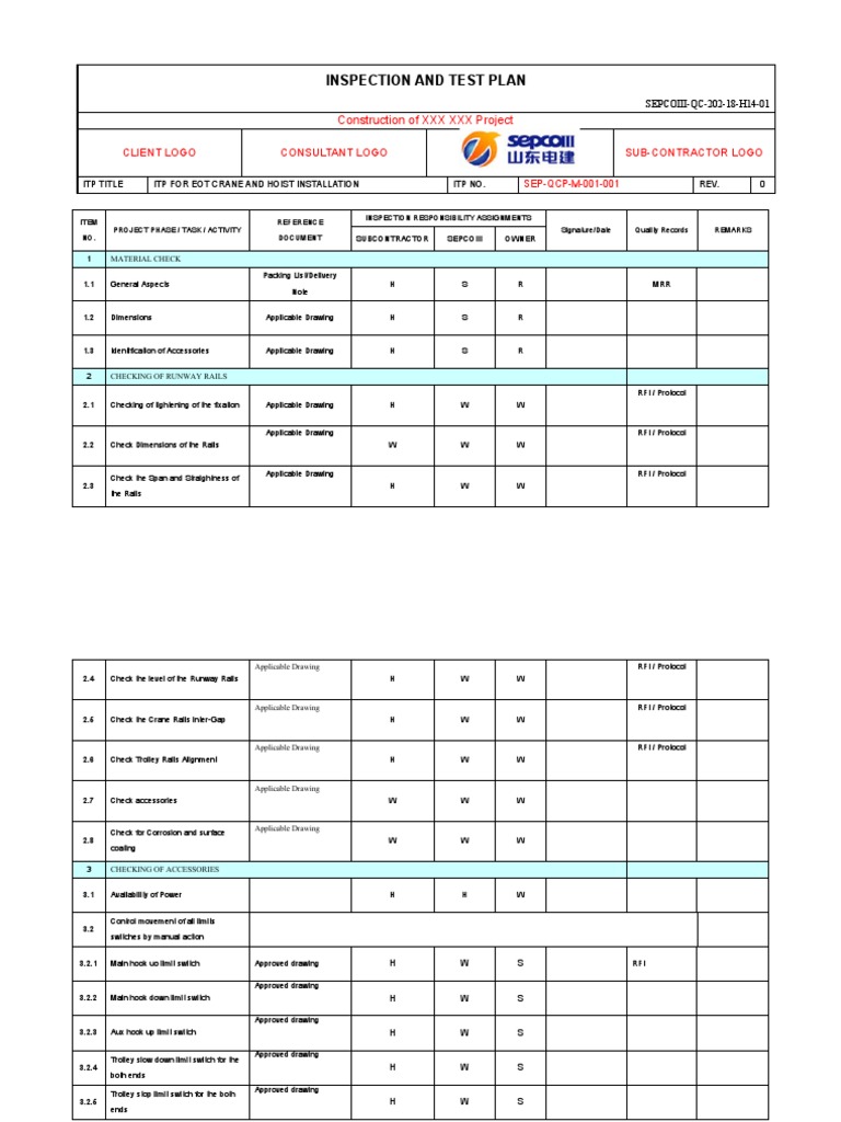 SEPCOIII-QC-202-18-H14-A0 QCP FOR EOT CRANE AND HOIST INSTALLATION ...