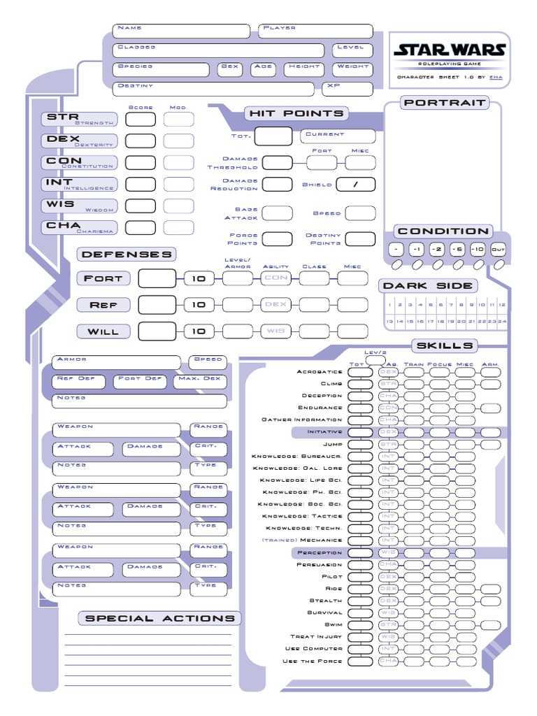 Star Wars Character Sheet Template | PDF