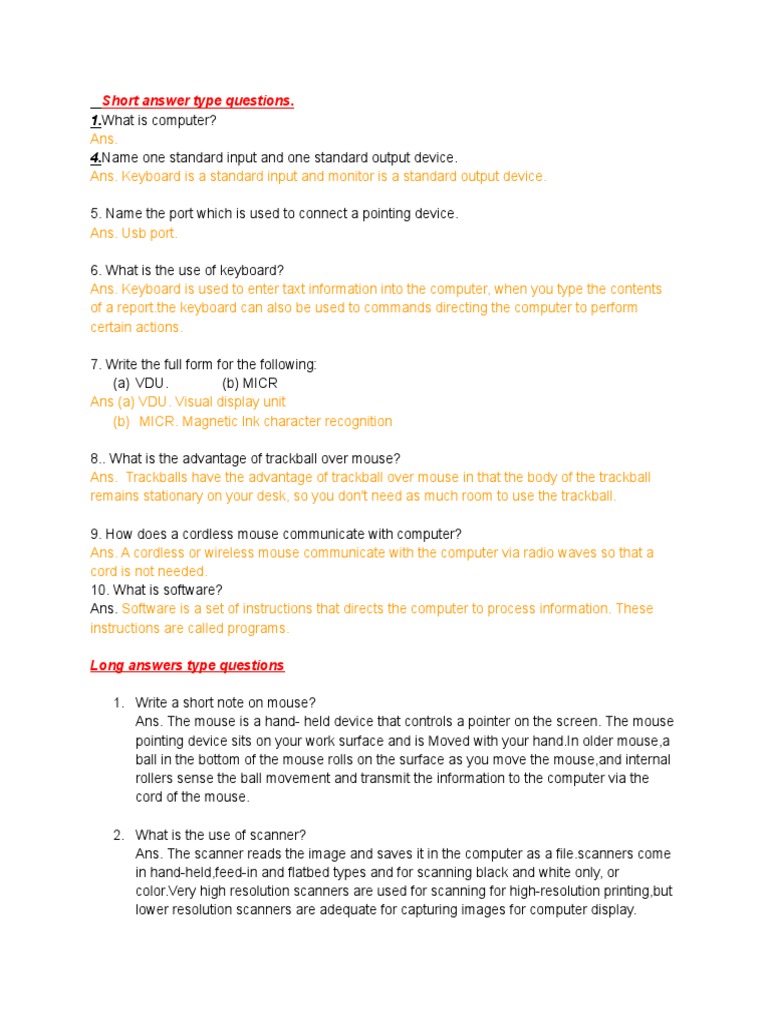 1.what Is Computer? 4.name One Standard Input and One Standard Output ...