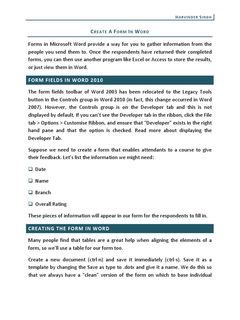 Create A Form in Word | PDF | Microsoft Word | Microsoft Windows