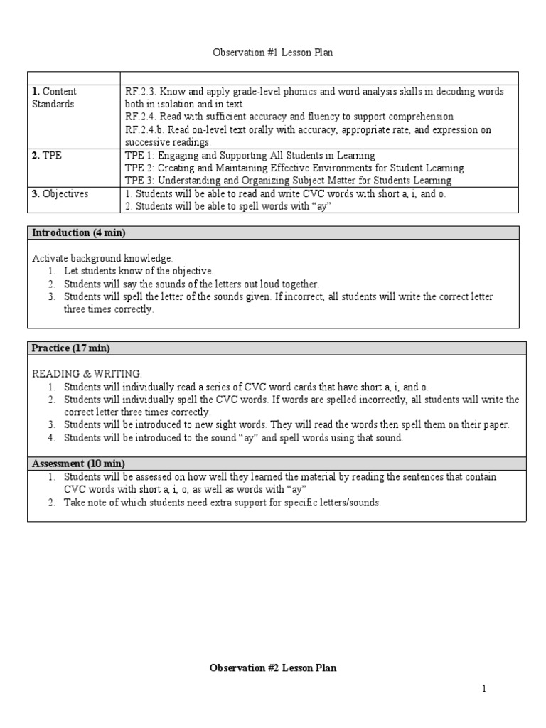 Observation 1 Lesson Plan | PDF | Reading Comprehension | Phonics