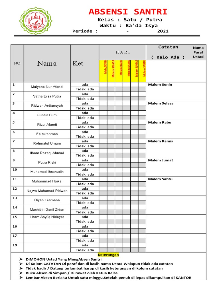 ABSENSI SANTRI Bakda Isak | PDF