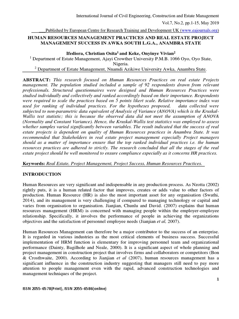 Human Resources Management Practices and Real Estate Project Management ...
