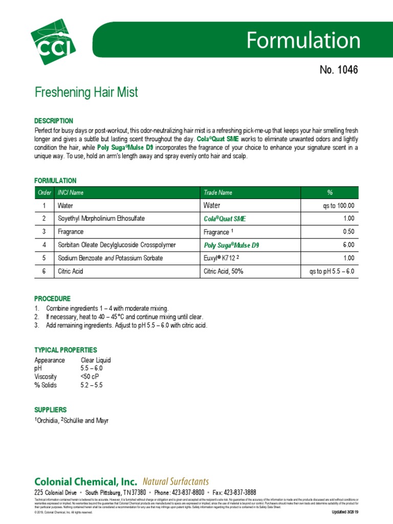 Freshening Hair Mist: Description Cola Quat SME Poly Suga Mulse D9 ...
