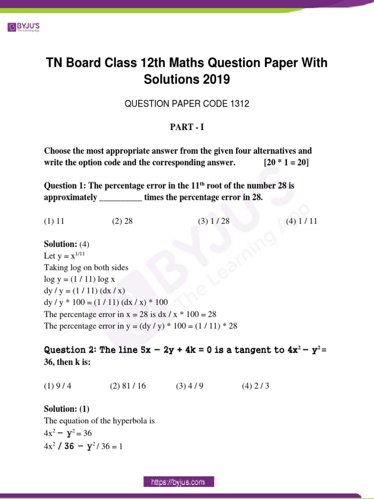 TN Class 12 Maths Question Paper 2019 | PDF | Mathematical Concepts ...