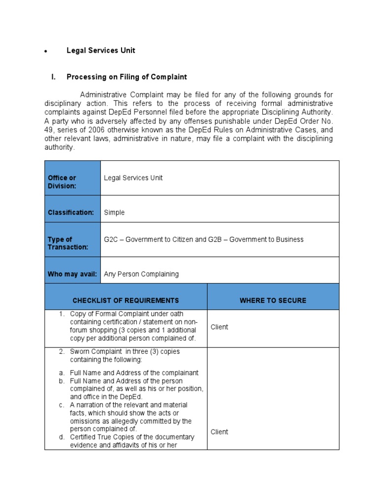 ARTA Legal Services Unit 2021 Processesing of Complaint | PDF ...