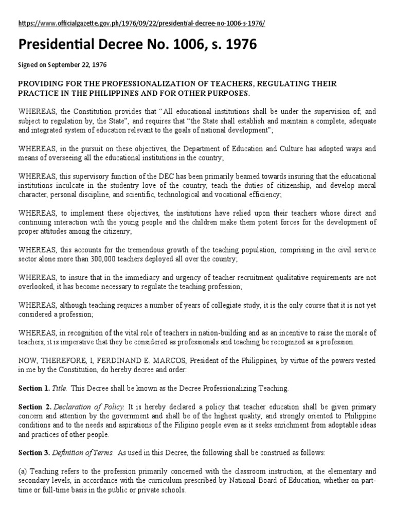 Presidential Decree No. 1006, S. 1976 | PDF | Test (Assessment) | Teachers