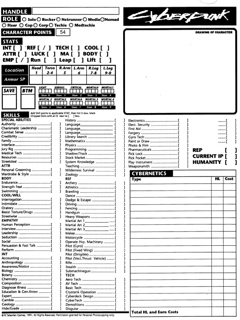 Cyberpunk 2020 Fillable Character Sheet | PDF
