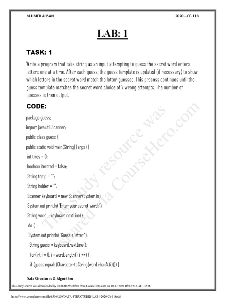 Data Structures Lab1 2020 Ce 118 PDF | Download Free PDF | String (Computer Science) | Computing