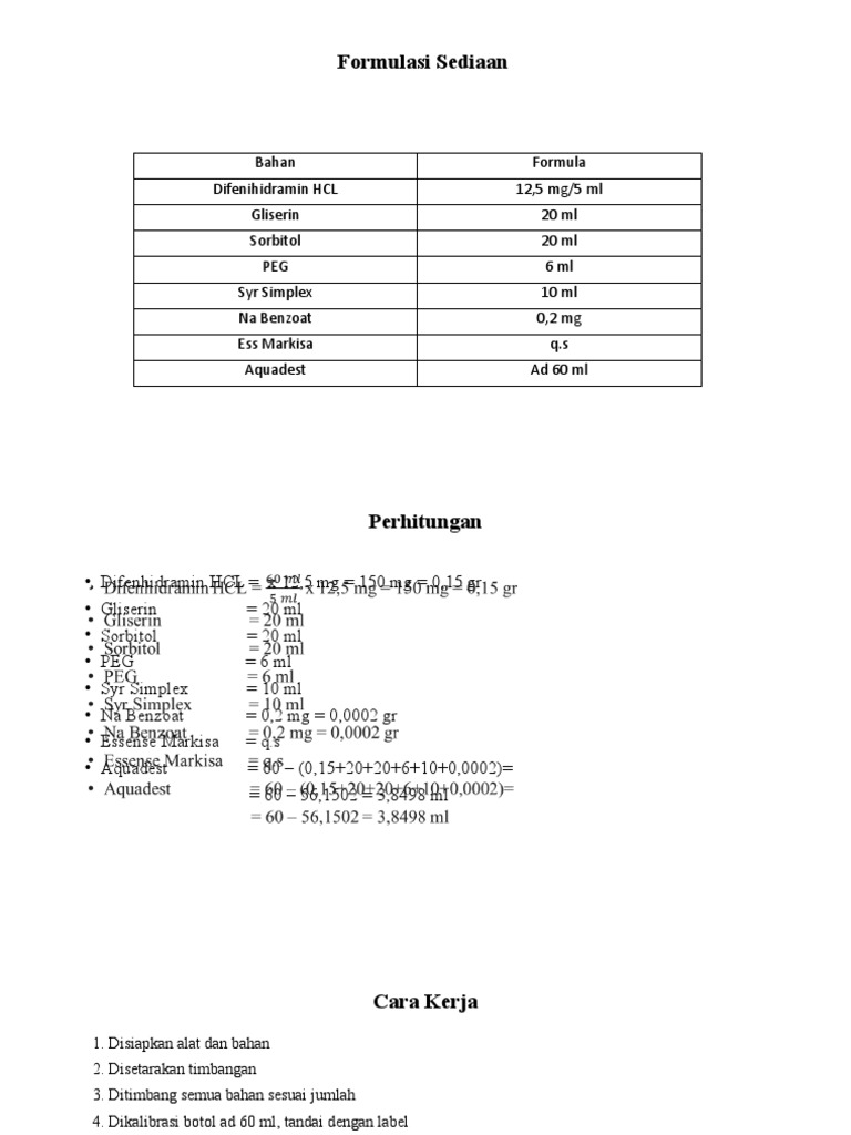 Formulasi Elixir Difenihidramin HCL | PDF