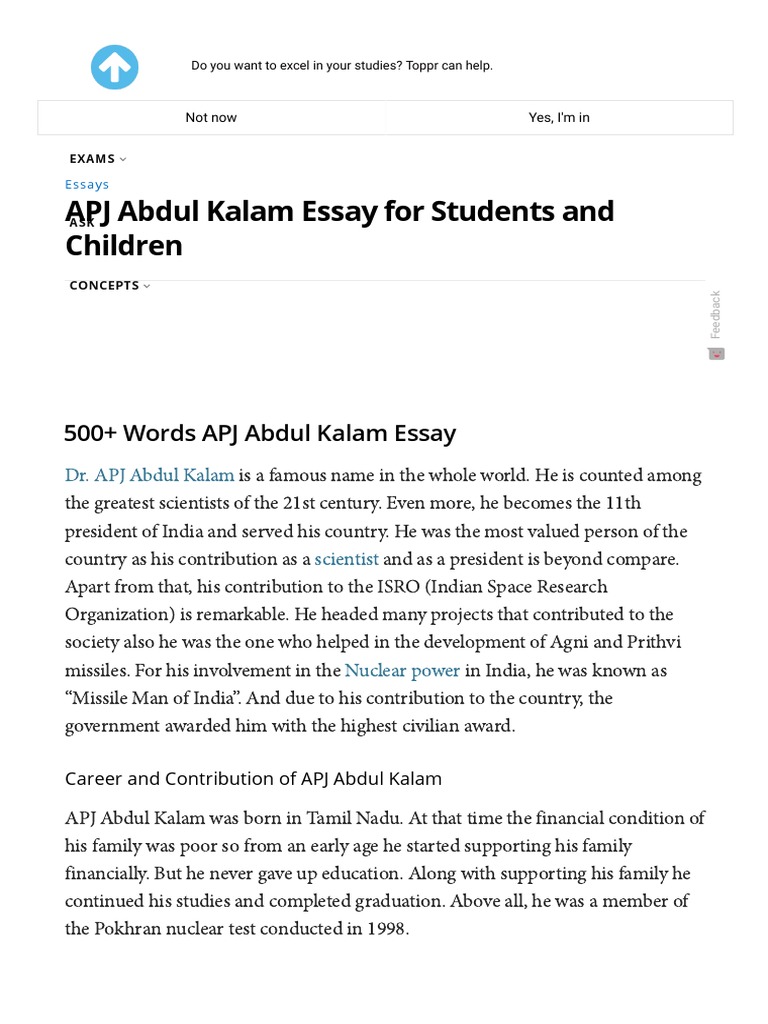 APJ Abdul Kalam Essay For Students and Children - 500+ Words Essay | PDF
