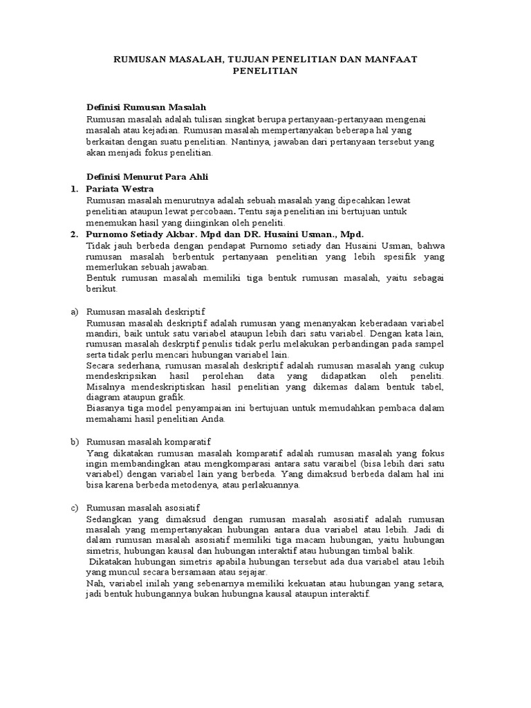 Rumusan Masalah, Tujuan Penelitian Dan Manfaat Penelitian | PDF