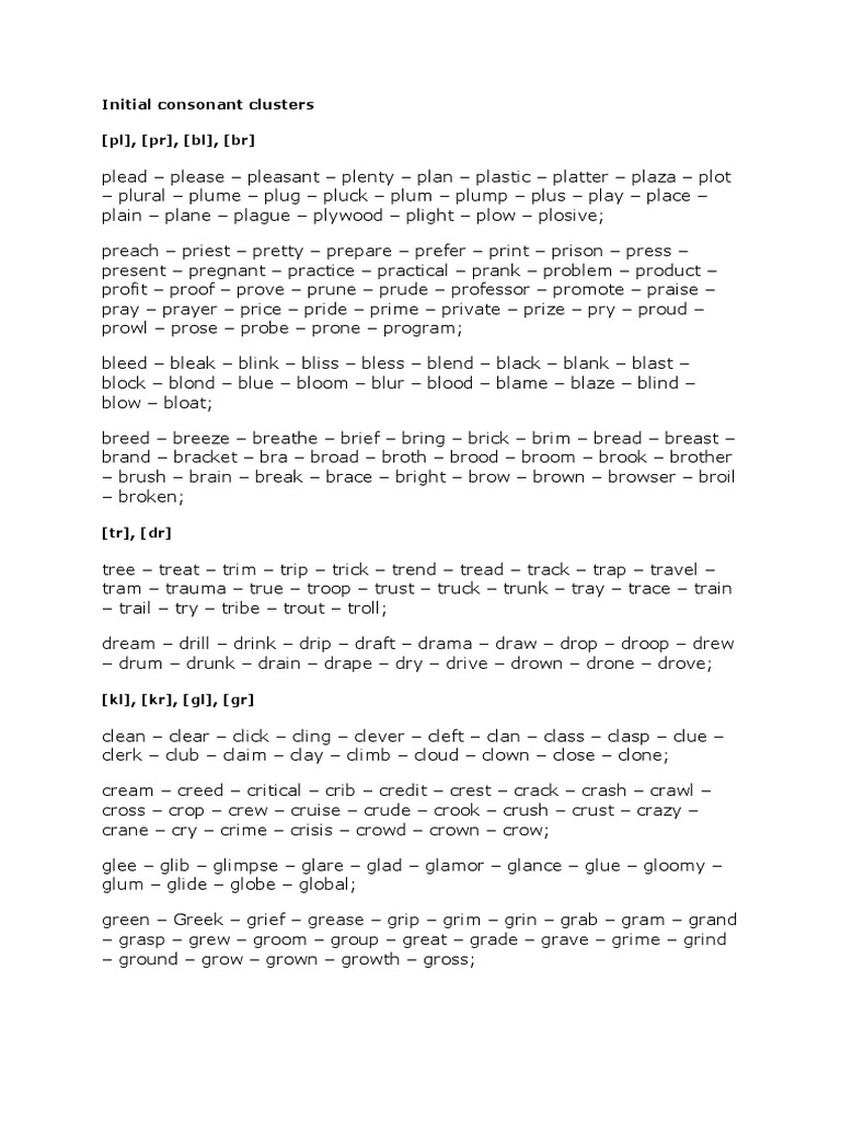 Initial Consonant Clusters (PL), (PR), (BL), (BR) | PDF