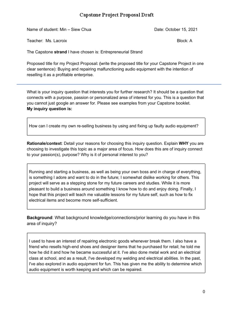 Capstone Project Proposal Draft Fillable | PDF | Entrepreneurship | Mentorship