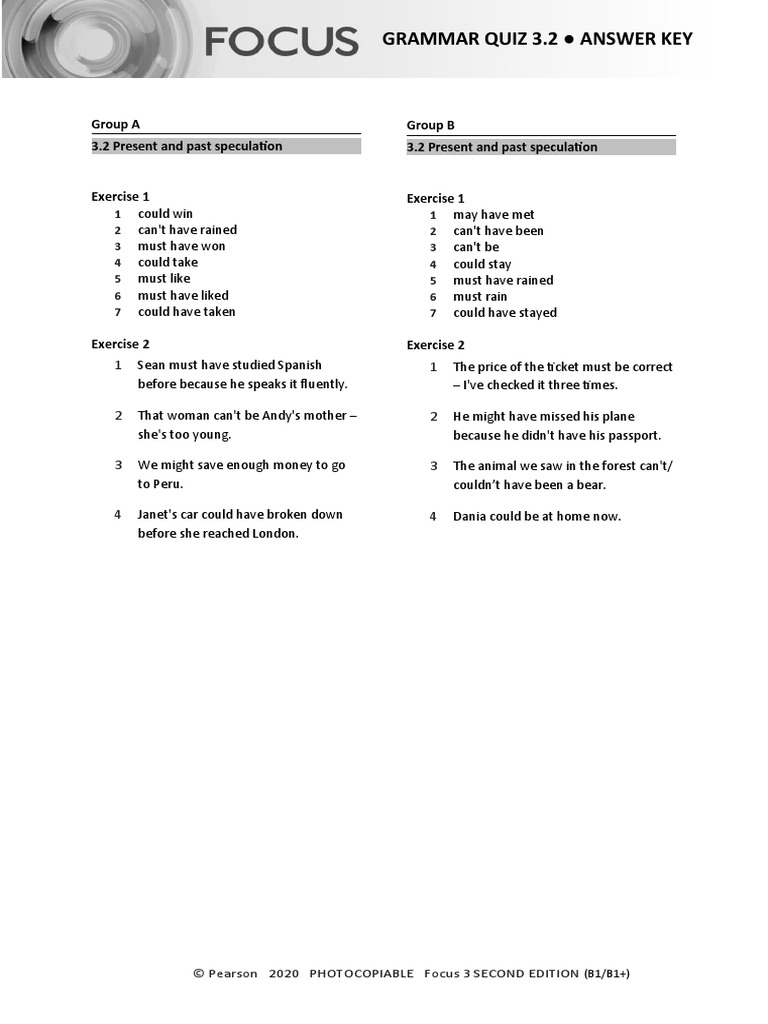 Focus3 2E Grammar Quiz Unit3 2 GroupA B ANSWERS | PDF
