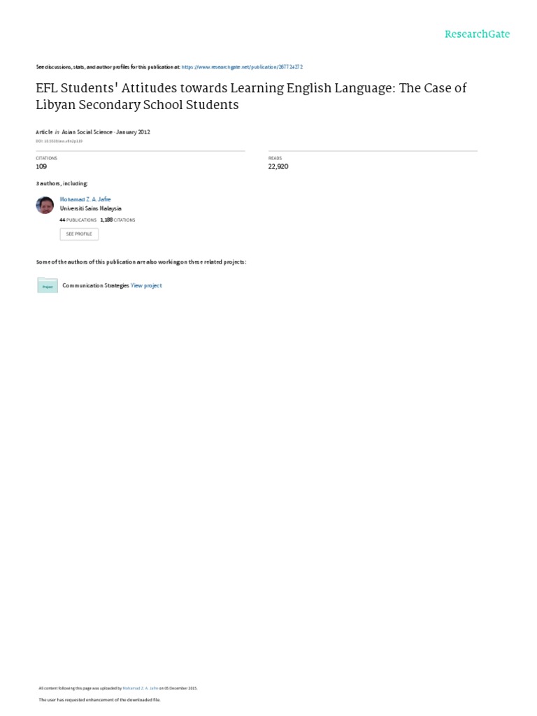 EFL Students Attitudes Towards Learning English L | PDF | Attitude ...