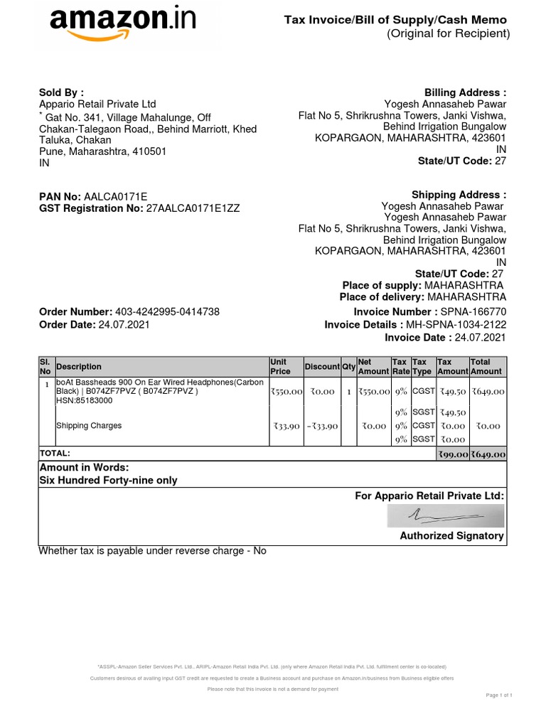 Detailed Tax Invoice for Headphones Sold to Yogesh Annasaheb Pawar ...
