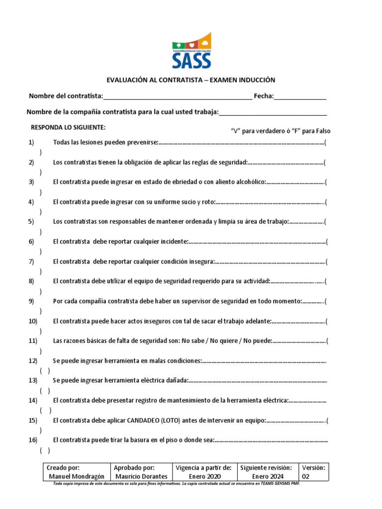 Examen de Inducción para Contratistas | PDF | Amianto