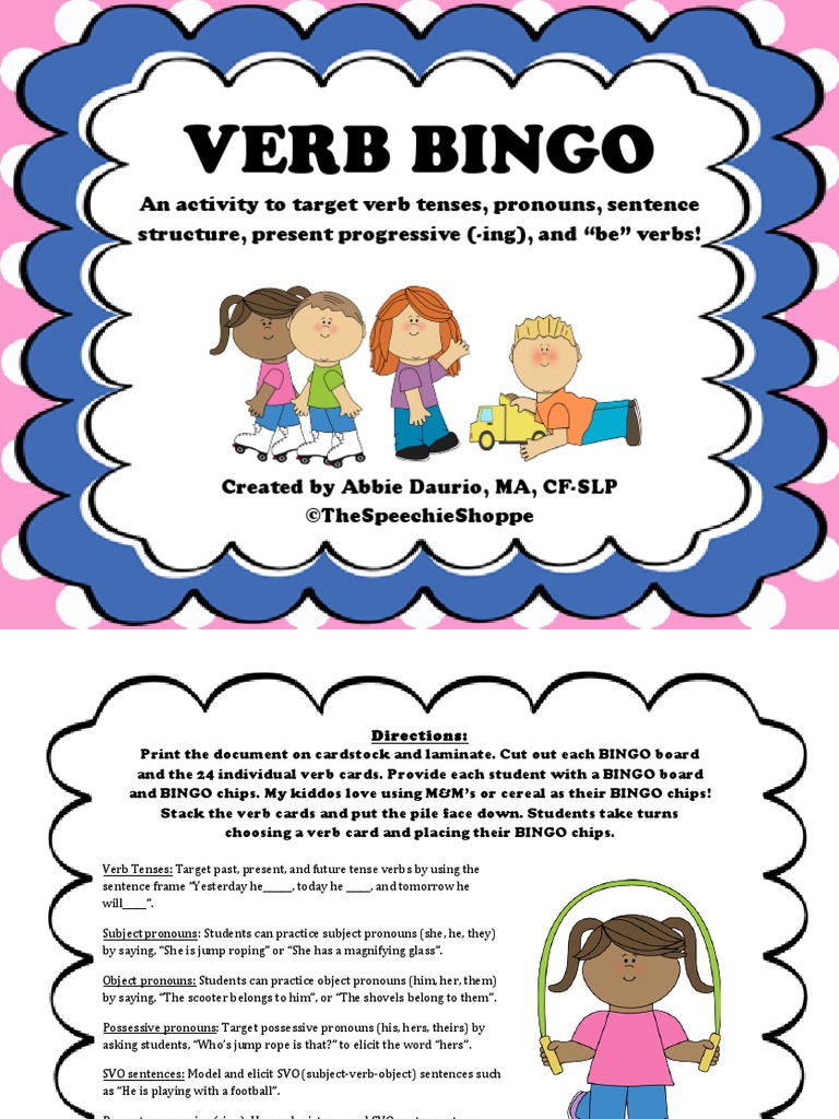 Verb Bingo: An Activity To Target Verb Tenses, Pronouns, Sentence ...