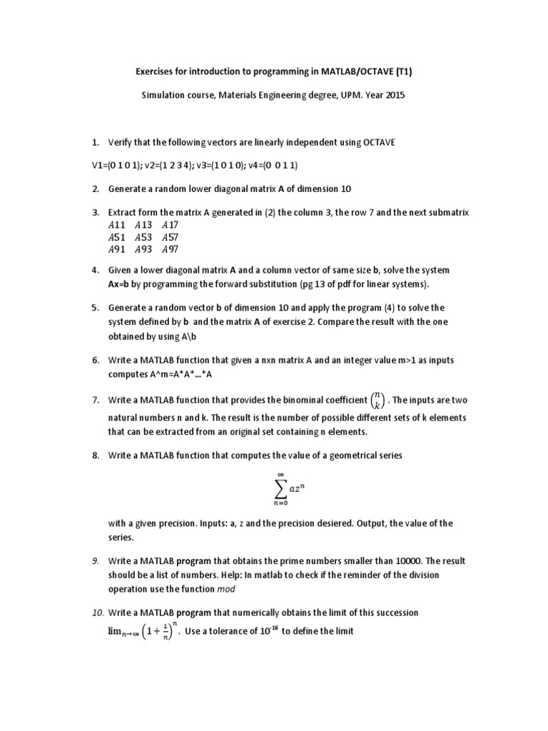 Exercises For Introduction To Programming in MATLAB/OCTAVE (T1) | PDF | Matrix (Mathematics ...